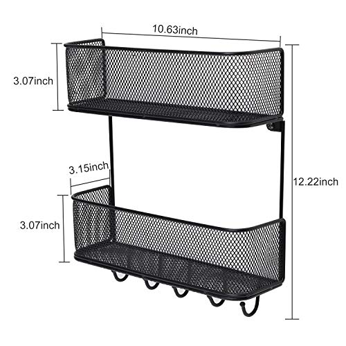 PAG Wall Mount Mail Organizer Double Basket Hanging Letter Sorter with 5 Key Hooks for Entryway/Kitchen/Mudroom/Home/Office, Black