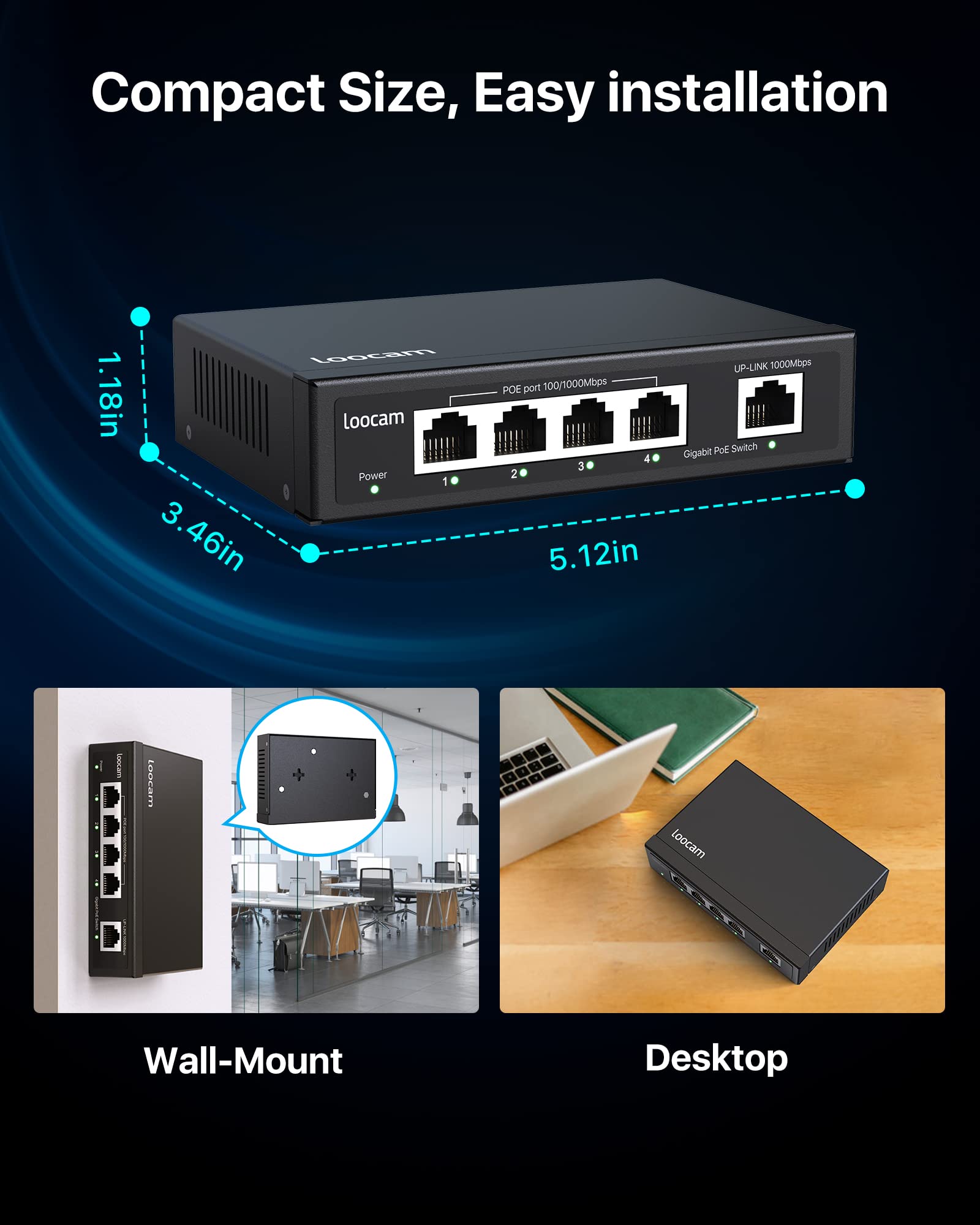 5 Port Gigabit PoE Switch, 4 Port PoE+ 65W 1000Mbps and 1 Uplink Port, IEEE802.3af/at Plug and Play Unmanaged Ethernet Network Switch, Sturdy Metal Casing