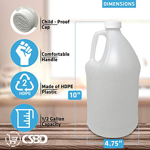 CSBD Clear Plastic Jugs with Child Resistant Lids, 2-Pack, Storage Containers with Ergonomic Handle, HDPE Construction for Residential or Commercial Use, 1/2 Gallon
