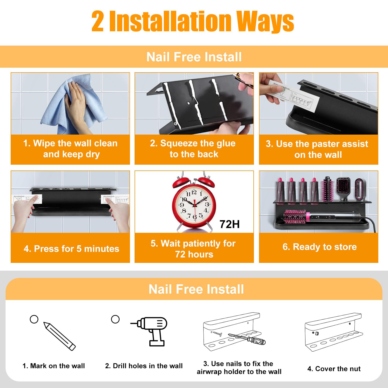 AIYIMIMI Storage Holder for Dyson Curling Iron, Hair Dryer Holder Wall Mounted Rack for Storage Dyson Airwrap Attachments, for Bathroom, Bedroom and Hair Salon, 2 Installation Methods