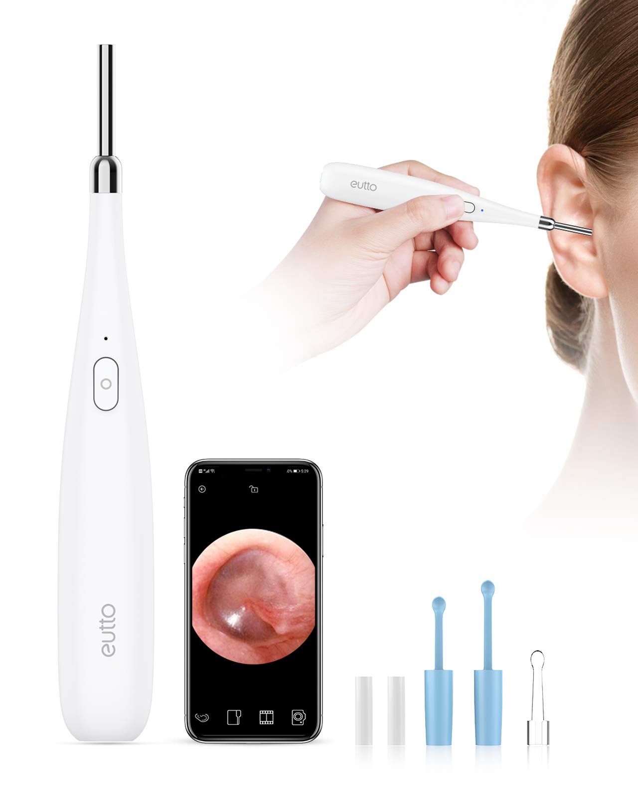 eutto Wireless Otoscope with Gyroscope, 0.15in Probe HD Ear Camera, 6 LED Lights, Ear Inspection Camera, Ear Wax Removal Tools, Compatible with iPhone and Android