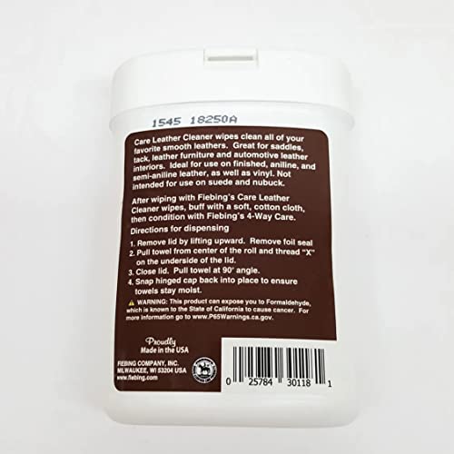 Fiebing's Care Leather Cleaner (15 Wipes) - Clean Condition Help Prevent Cracking or Fading of Leather Couches, Car Seats, Shoes, Purses