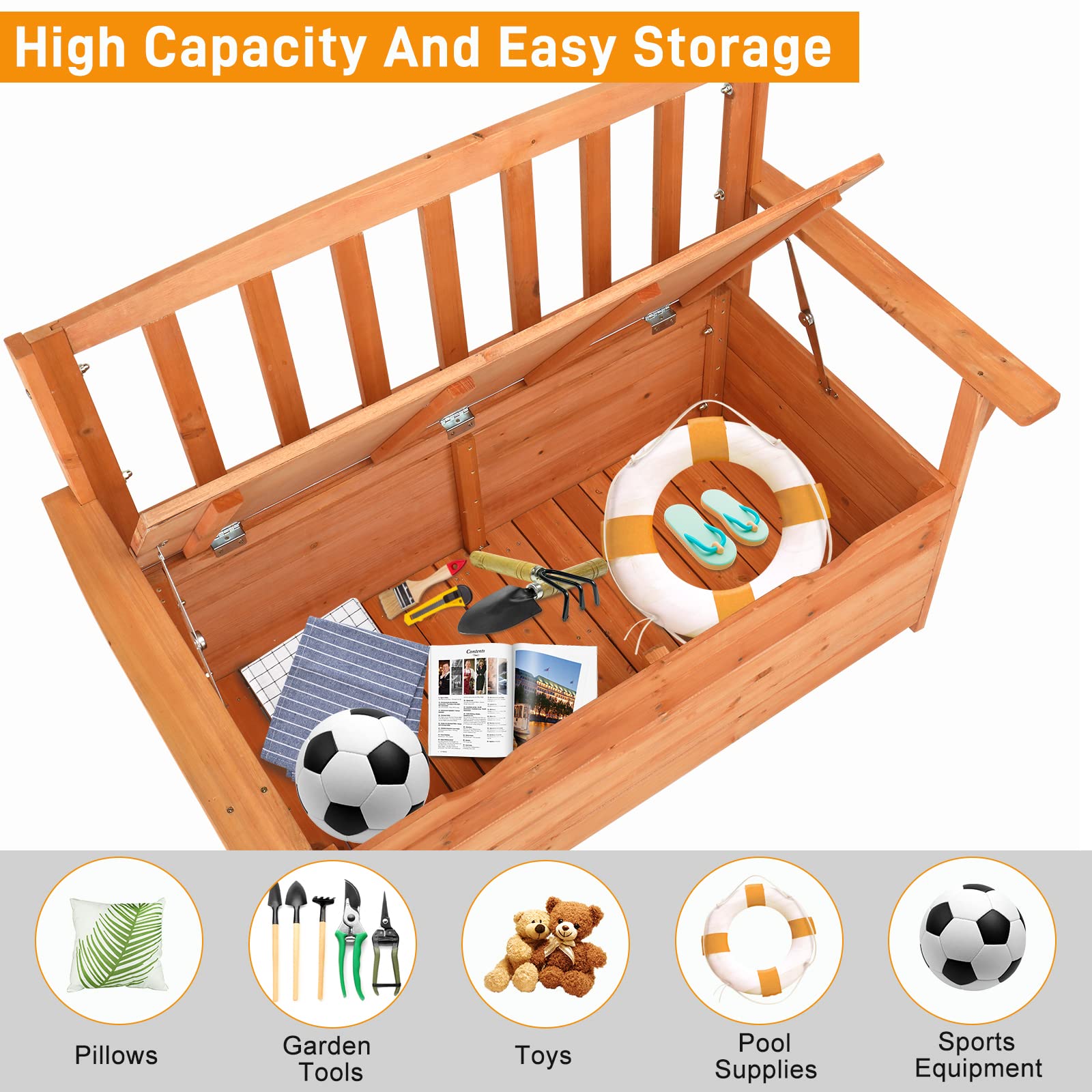 Aiyyds Cedar Outdoor Storage Bench with Seating - 44-inch Patio Bench with Backrest and Armrests, Weatherproof Deck Storage Box in Vibrant Orange-Red