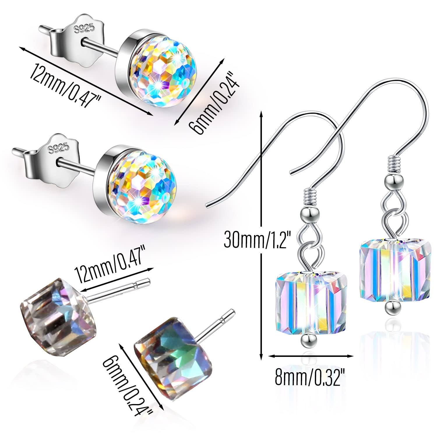 3Pairs Austrian Crystal Earrings for Women - ZEVER 925 Sterling Sliver Cube Ball Stud/Dangle Earrings Hypoallergenic Earring Set for Girls Valentine’s Gift