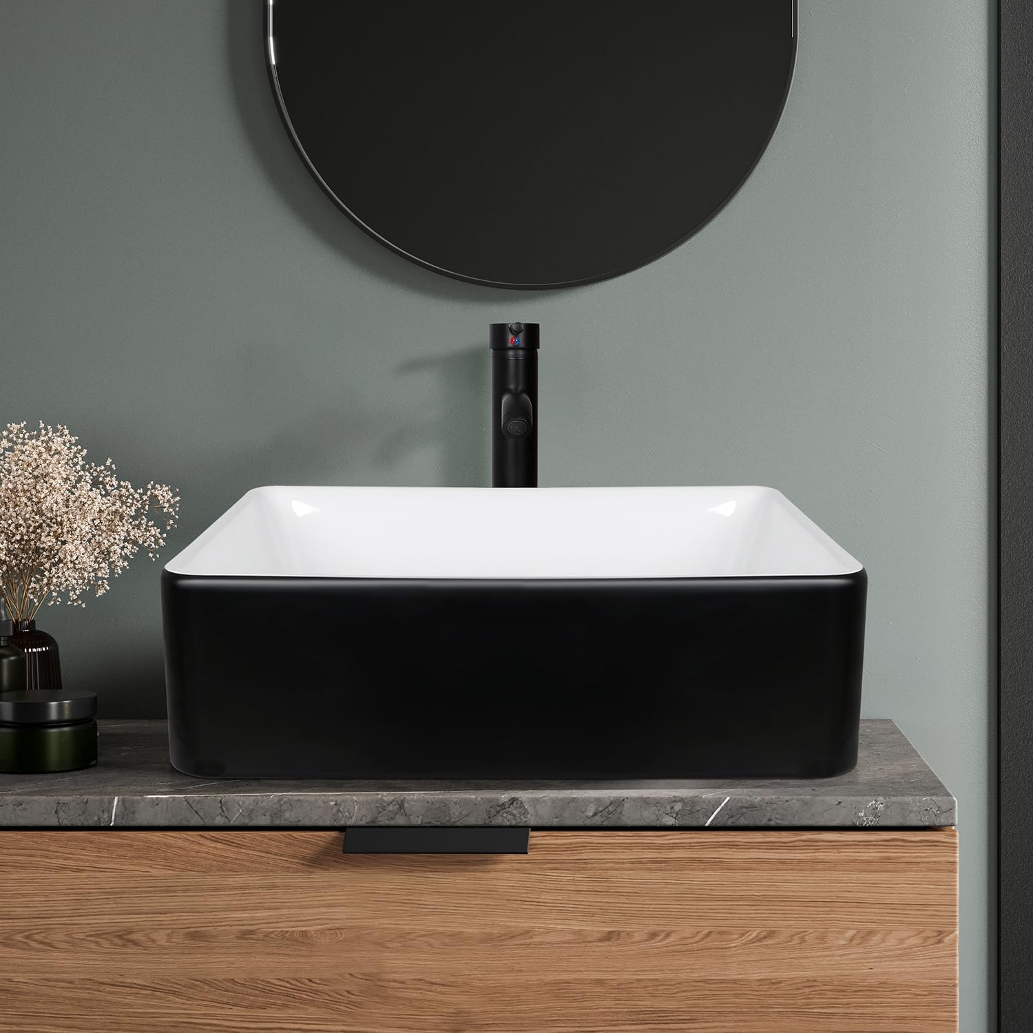 Puluomis Black and White Ceramic Bathroom Sink, 19" x 15" Above Counter Porcelain Vessel Sink with Black Faucet and Pop up drain Combo, Rectangle