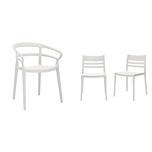 Amazon Basics White, Curved Back Dining Chair-Set of 2, Premium Plastic & White, Armless Slot-Back Dining Chair-Set of 2, Premium Plastic