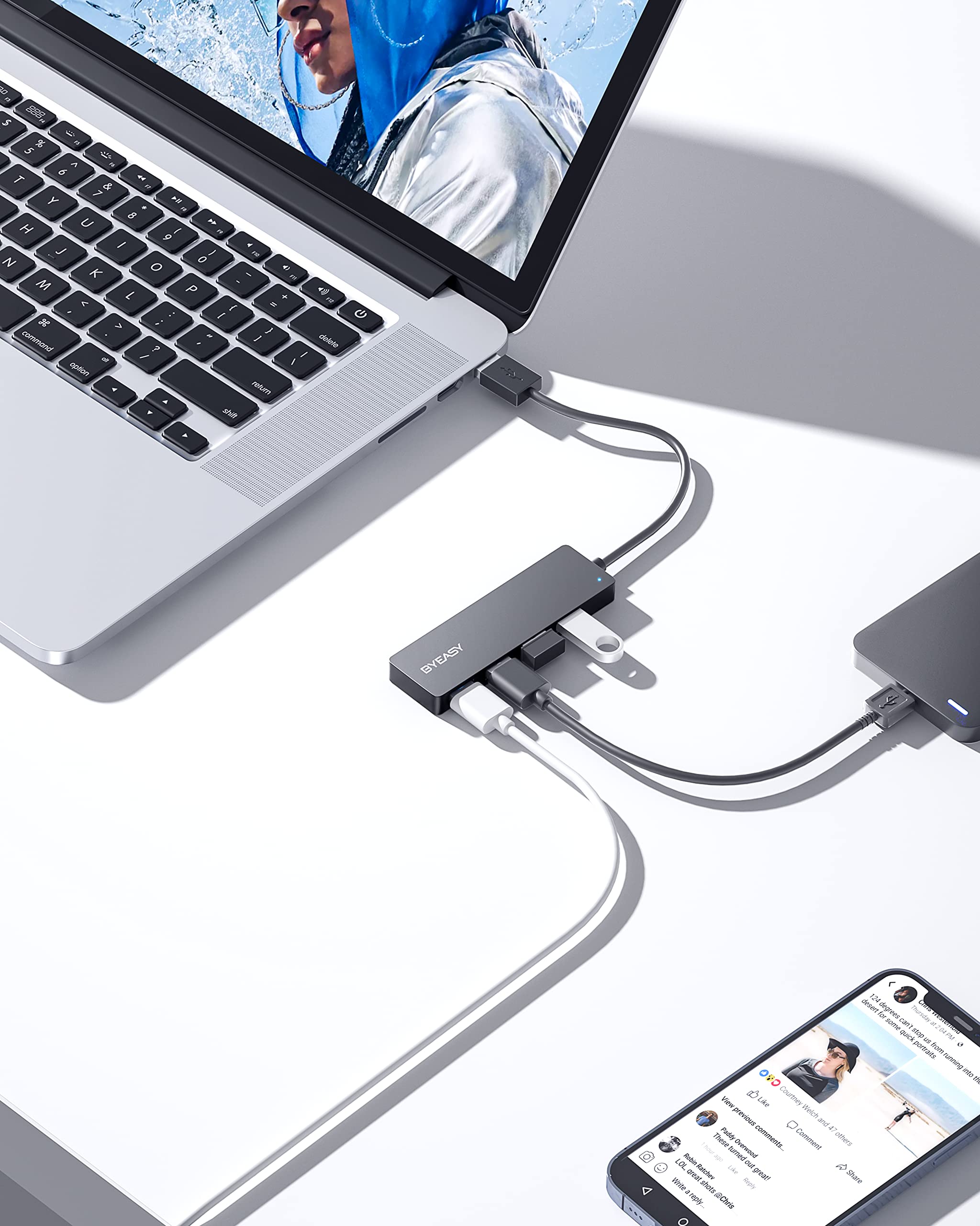 BYEASY USB Hub, 4 Port USB 3.0 Hub, Ultra Slim Portable Data Adapter Applicable for iMac Pro, MacBook Air, Mac Mini/Pro, Surface Pro, Notebook PC, Laptop, and Mobile HDD (Leather Black)