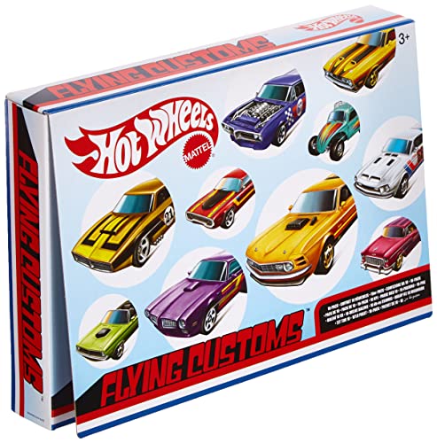 Hot Wheels Flying Customs 10-Pack of 1:64 Scale Throwback Vehicles with Retro-Style Package, Gift for Collectors & Kids 3 Years Old & Up