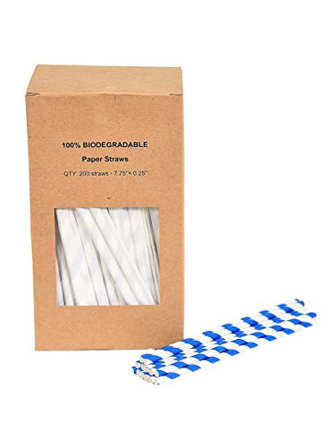 200-Pack Premium Biodegradable Paper Straws - Eco-Friendly Drinking Straws - Bulk Paper Straws for Juices, Smoothies and Party Decorations - 7.75" Long .25" Wide (Blue)