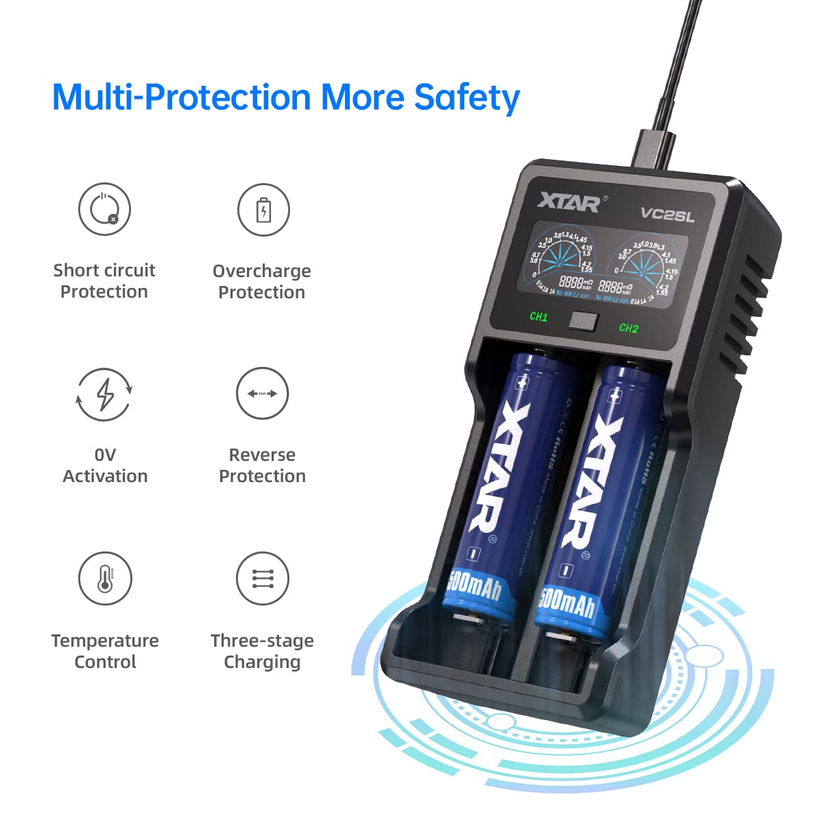 Universal Battery Charger XTAR VC2SL LCD Display Speedy Smart Charger for Rechargeable Batteries Ni-MH Ni-Cd AA AAA Li-ion IMR