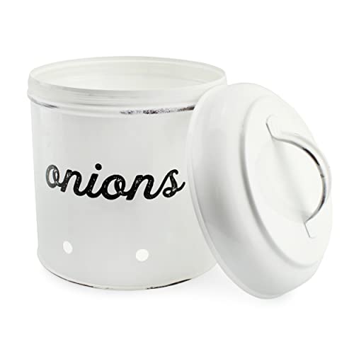 AuldHome Potatoes, Onions and Garlic Canister Set; Rustic White Enamelware Vegetable Storage Containers