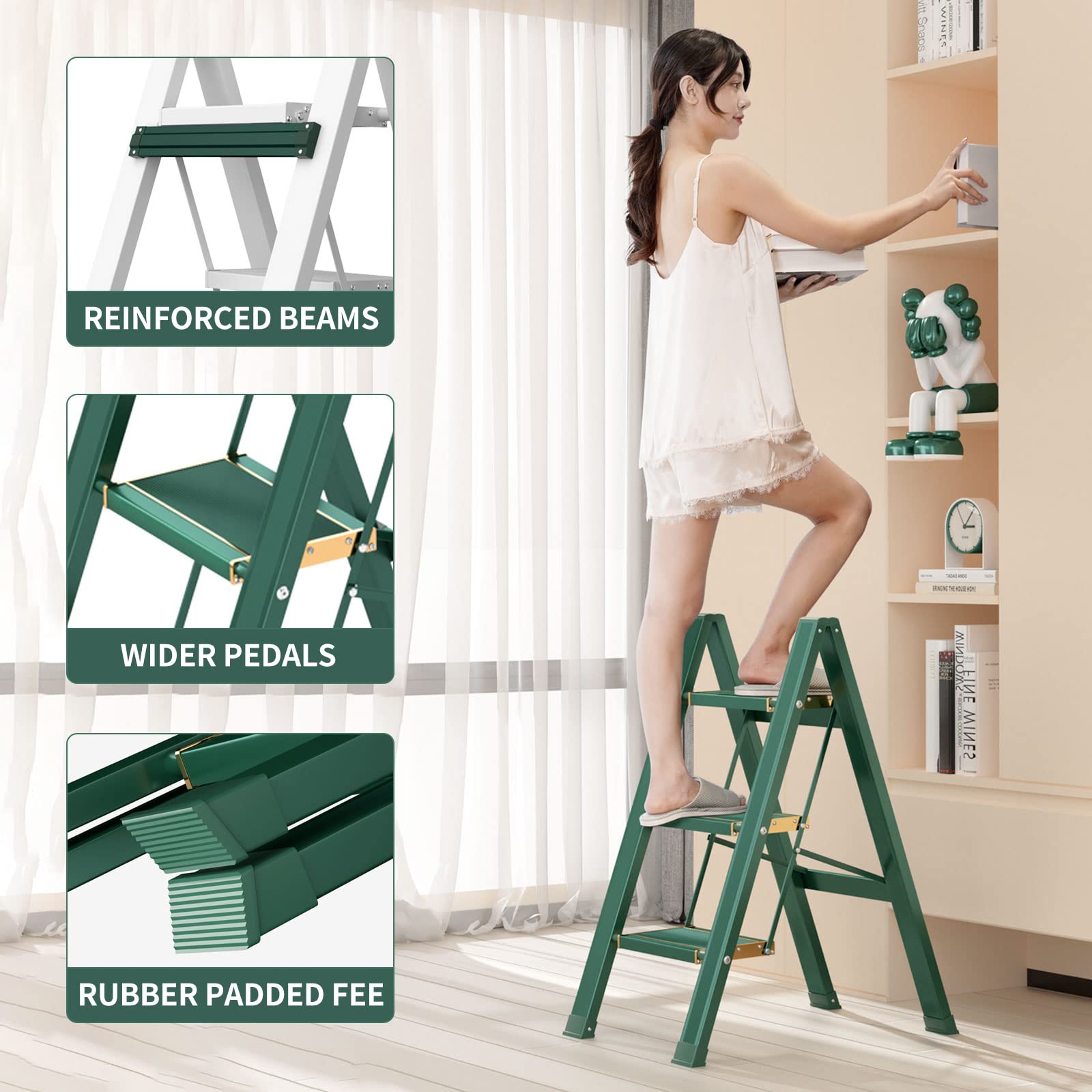 3 Step Ladder, Folding Step Stool with Wide Anti-Slip Gold Wide Pedal, Lightweight Aluminum Step Ladders for Adults, Multi-Functional Ladders with 330lbs Load Capacity for Home and Kitchen, Green