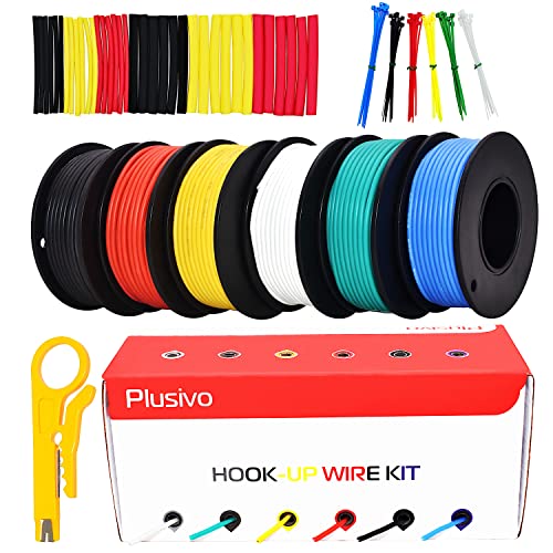 24 AWG Stranded Wire Kit β Silicone Coated Copper Wires 24 Gauge Pre-Tinned 30ft/9m Each Spool, 6 Colors (Black, Red, Yellow, Green, Blue, White), Electrical Jumper Wire Hook Up Wire Kit from Plusivo