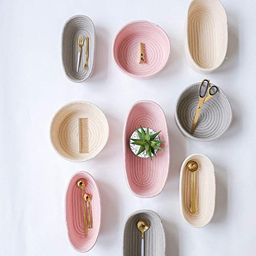 BQEE Cotton Rope Handmade Woven Home Storage Household Candy Toys Storage Basket Sundries Collection Box Candy Snack Food Tray SML Pack of 3 (Oval, White)