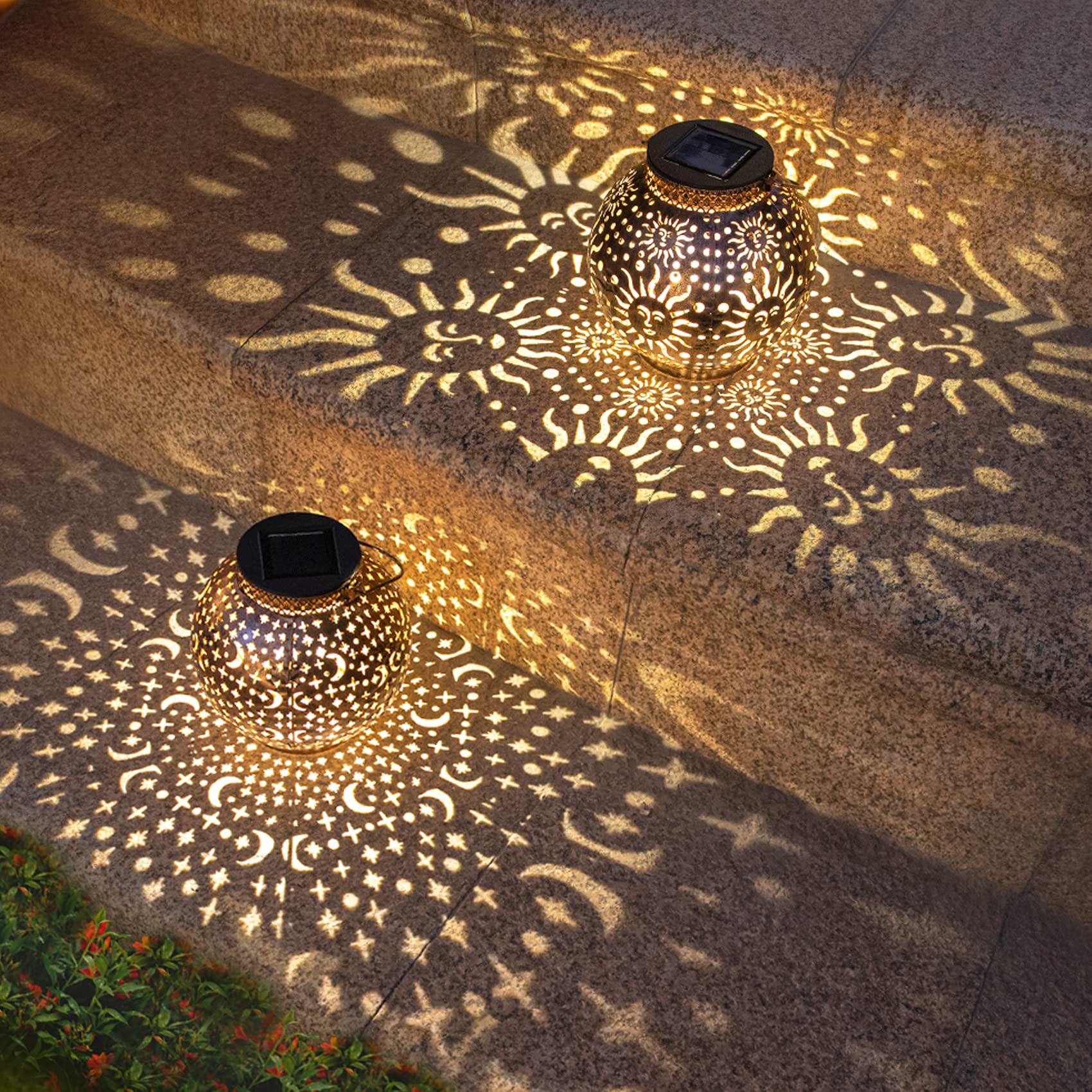 2Pcs Solar Lanterns Outdoor Hanging Garden Lights Decorative Metal Moon Star Sun Solar Lanterns for Table, Patio, Yard, Walkway Decorations Waterproof (Bronze)
