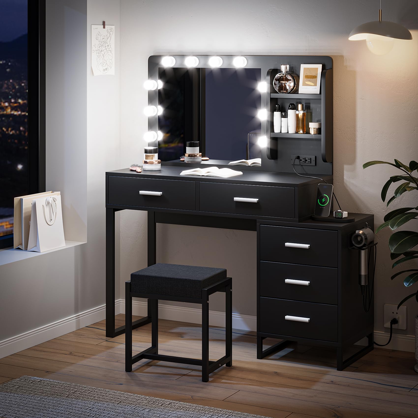 Semiocthome Vanity Mirror with Lighted Mirror and Power Strip 10 LED Lights Makeup Vanity Desk with Storage Shelves and Cushioned Stool, 5 Drawers Large Capacity Dressing Table for Bedroom-Black