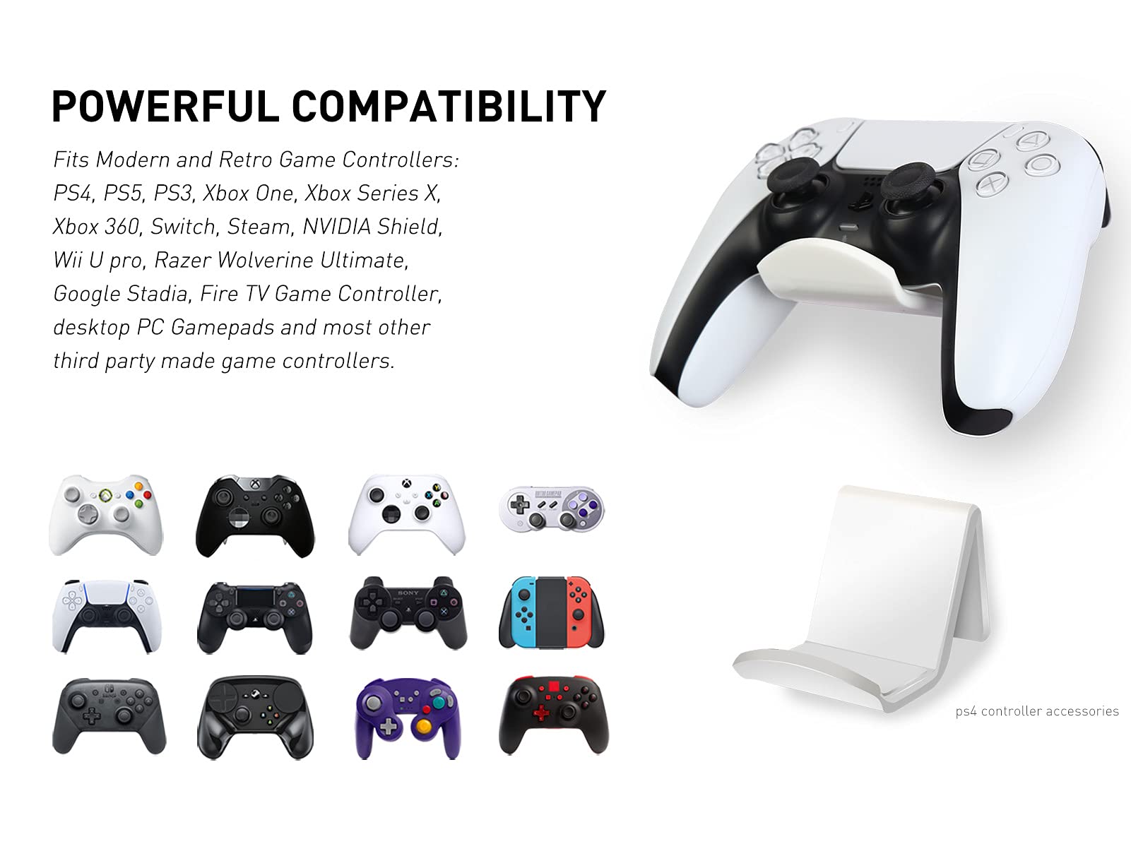 OAPRIRE Universal Controller Stand Holder 2 Pack for XBOX ONE PS4 PS5 SWITCH, Controller Wall Mount Gaming Accessories with Cable Clips&Anti-Slip Pads (White)