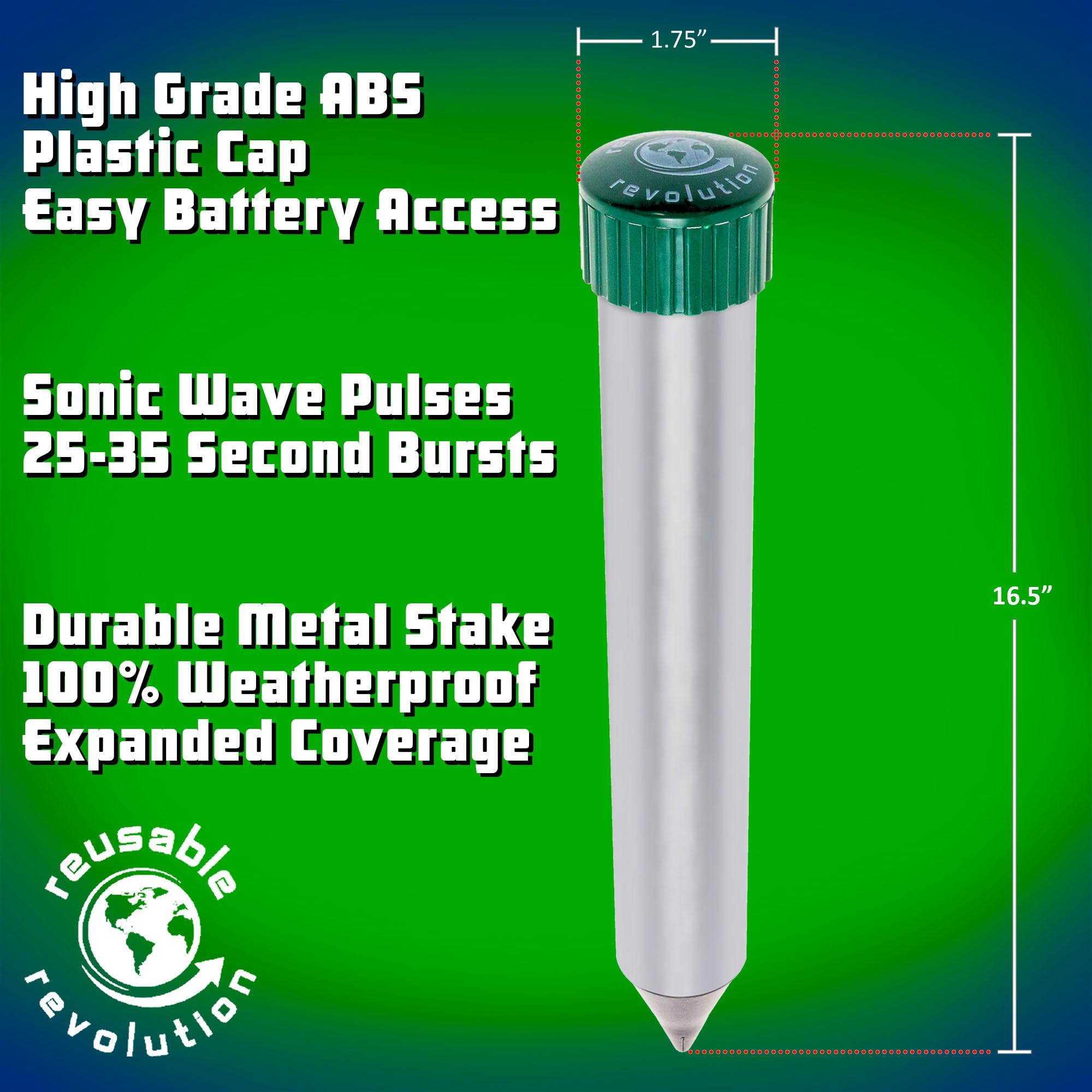 4 Pack Sonic Mole Chaser - Battery Operated Pest Repeller Stake, Scares Away Moles, Voles, Gophers and Rats by GreenLighting (Metal & Green)
