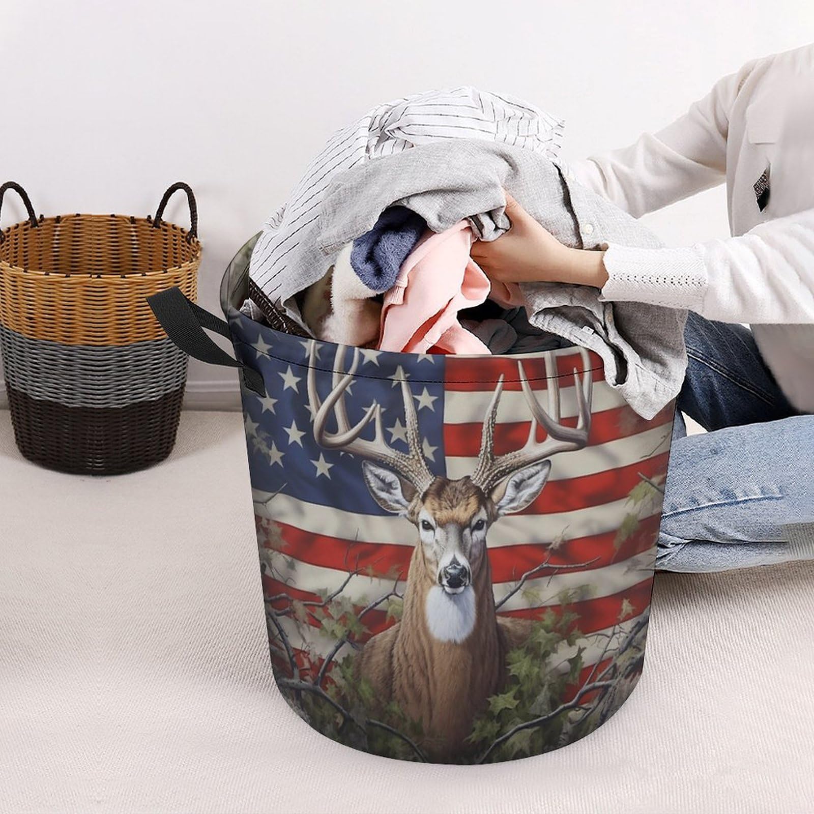 American Deer Flag Laundry Basket Hamper Bag Dirty Clothes Storage Bin Waterproof Foldable Toy Organizer for Bedroom Clothes Toys Basket
