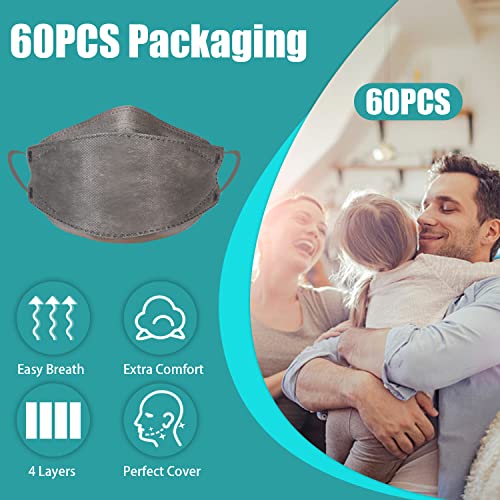 60PCS KF94 Mask, 4 Layers Non-woven KF94 Face Masks 3D Fish Type Protection for Adult Women Men Black+Grey