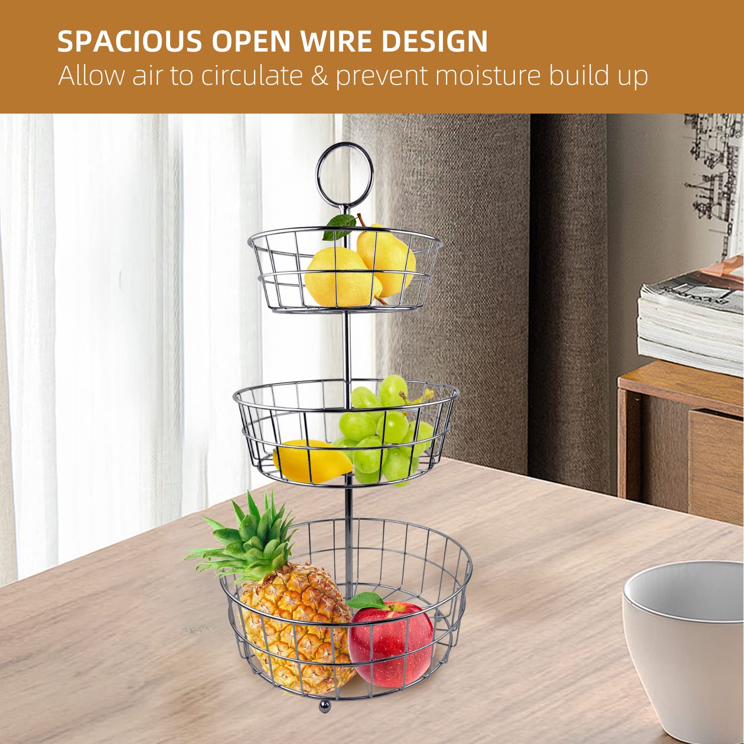 3 Tier Fruit Basket Regal trunk & Co, Elegant French Country Wire Baskets, Three Tiered Wire Basket Stand for Vegetables, Bread & More for Countertop or Hanging, Christmas or Birthday Present