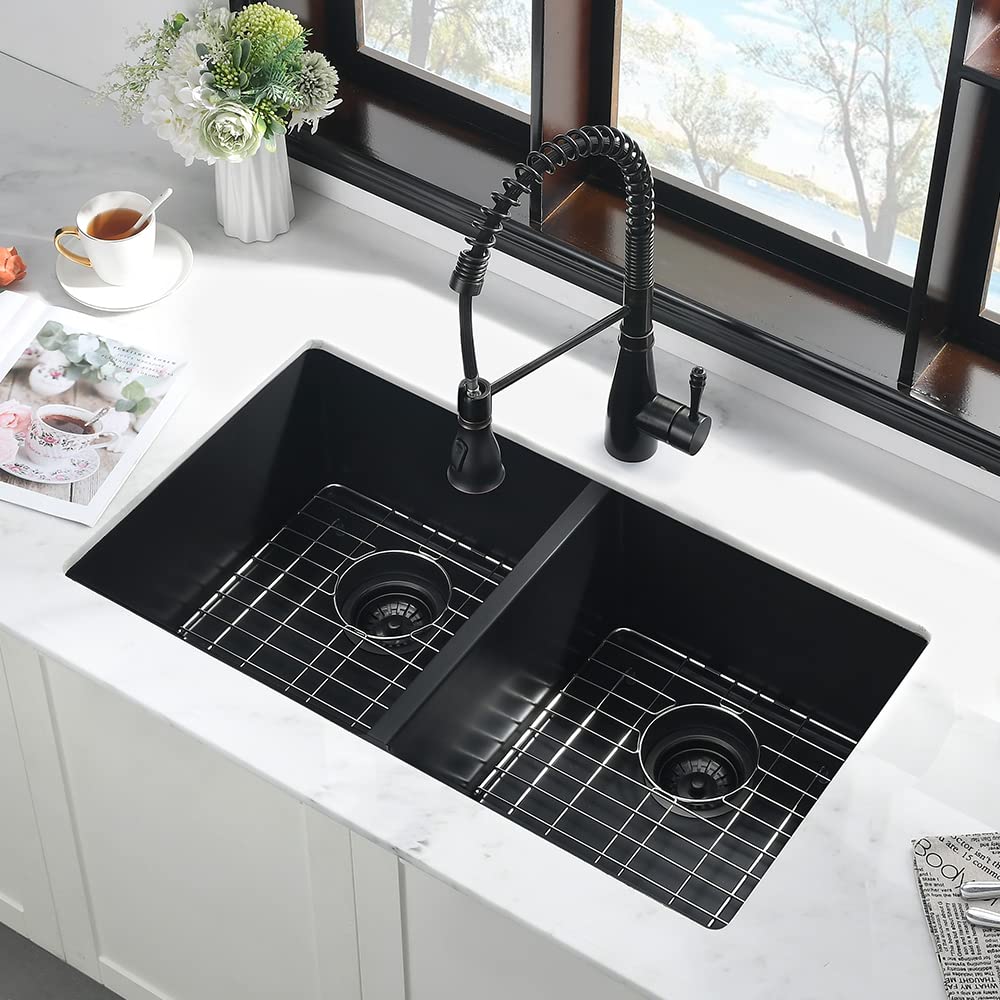 32 Inch Black Kitchen Sink Undermount-iAnomla 32x18 Inch Double Bowl Kitchen Sink 50/50 Black Quartz Composite Undermount Kitchen Sink