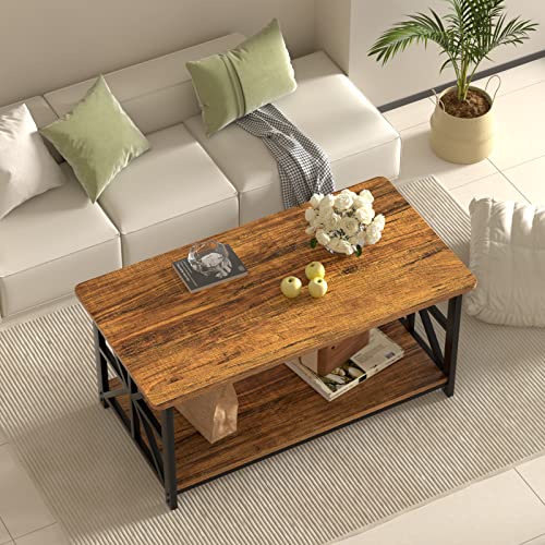 GreenForest Coffee Table with Round Corner, Farmhouse Center Table with 2-Tier Storage Shelf X-Frame Design for Living Room, 39 inch Walnut