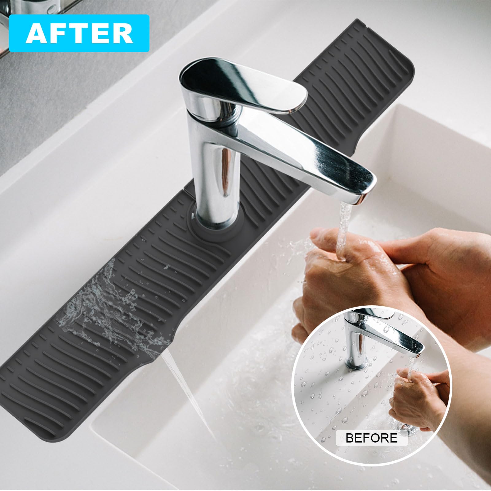 32 inch Kitchen Sink Splash Guard, Silicone Faucet Splash Guard, Large Size Silicone Sink Mat for Kitchen Bathroom, Faucet Handle Drip Catcher Tray (Black)