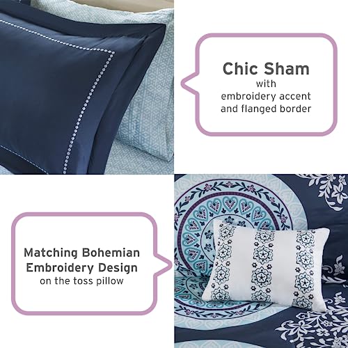 Intelligent Design Complete Bed In A Bag Casual Boho Comforter with Sheet Set Decorative Pillow, All Season Bedding Set, Twin, Loretta Navy 7 Piece