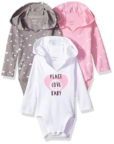 Hanes, Ultimate Flexy Hoodie Long Sleeve Bodysuit, Babies and Toddlers, 3-Pack, Pink/Grey Shades, 12-18 Months