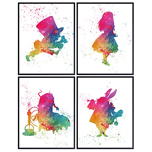 Alice Wonderland Watercolor Wall Art Prints - Perfect Gift For Baby Girl Room, Nursery, World Fans - Great For Home Decor - Ready to Frame (8X10) Photos - Lewis Carroll