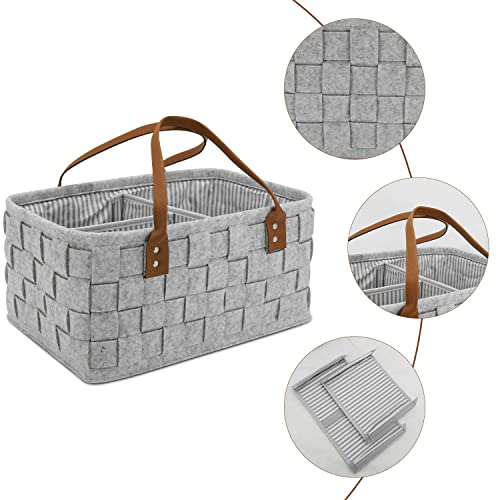 Baby Diaper Caddy Organiser, Woven Felt Large Portable Diaper Bag Organiser Basket for Changing Table, Nursery Storage Bin for Baby Essentials, Car Caddy Travel Organiser, Grey, 40 cm x 20 cm x 28 cm