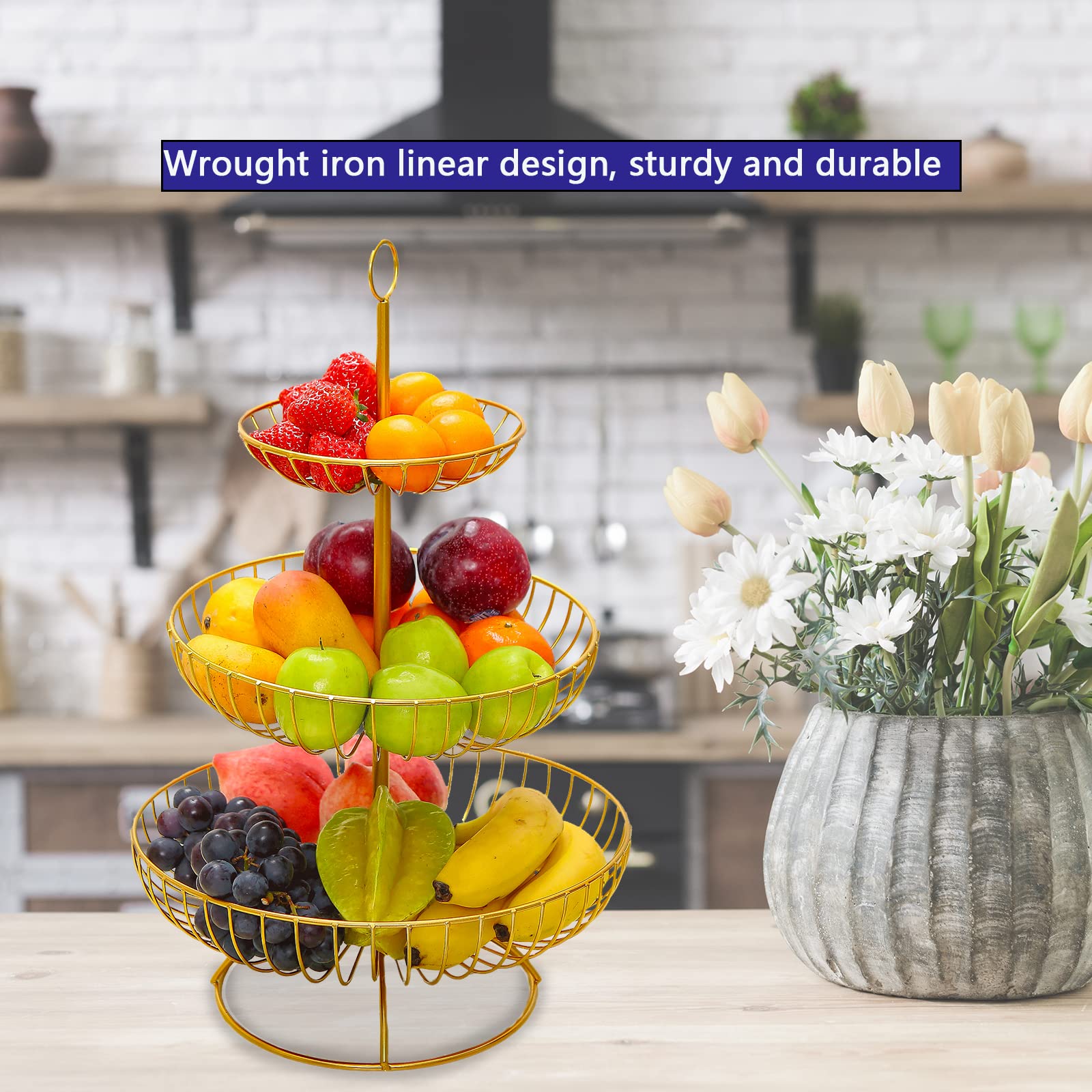 3 Tier Kitchen Countertop Fruit Basket Bowl for Bread Vegetables Snack Storage, Removable Organizer Shelf Storage Rack, Modern Design Tiered Fruit Holder Stand,for Gifts Home Party(round head gold)