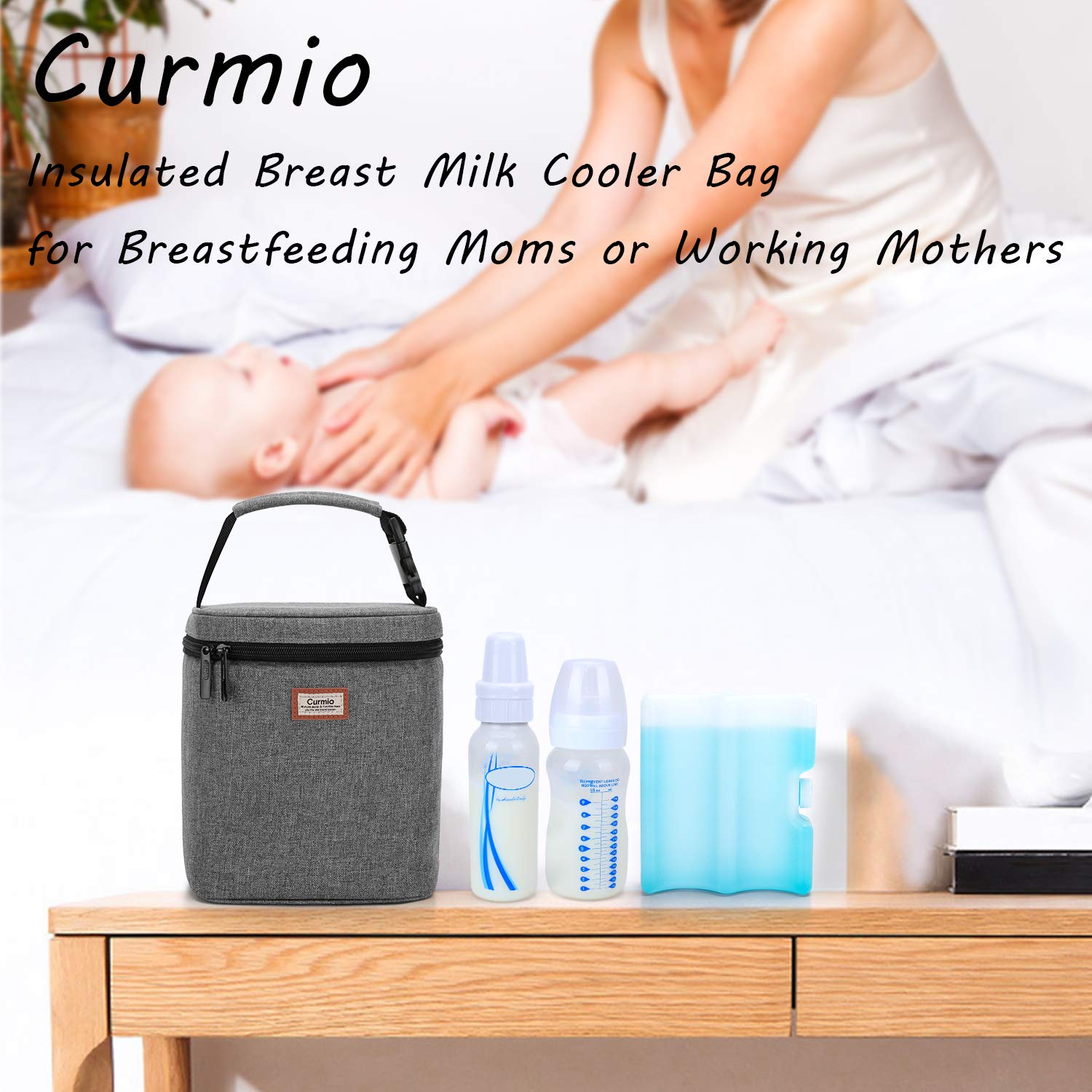 CURMIO Baby Bottles Cooler Bag with Ice Pack for 4 Bottles, up to 9 oz/270ml, Insulated Breastmilk Cooler and Ice Pack for Daycare Travel Nursing Mom, Grey