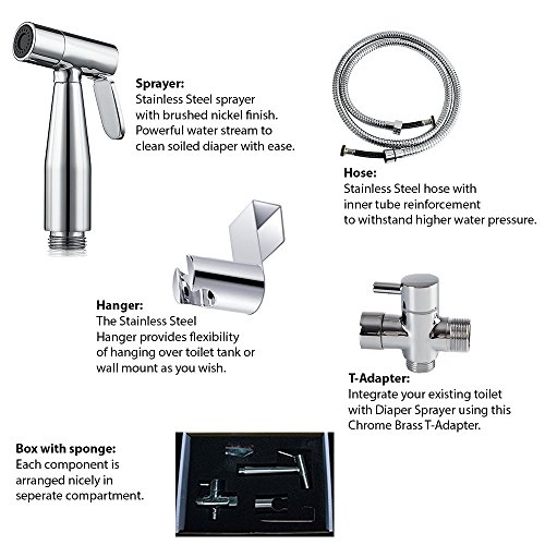 AzureLuxe Cloth Diaper Sprayer - Complete Set Premium Stainless Steel Hand Held Diaper Sprayer Kit for Toilet Attachment with T-Adapter and Explosion Free Hose