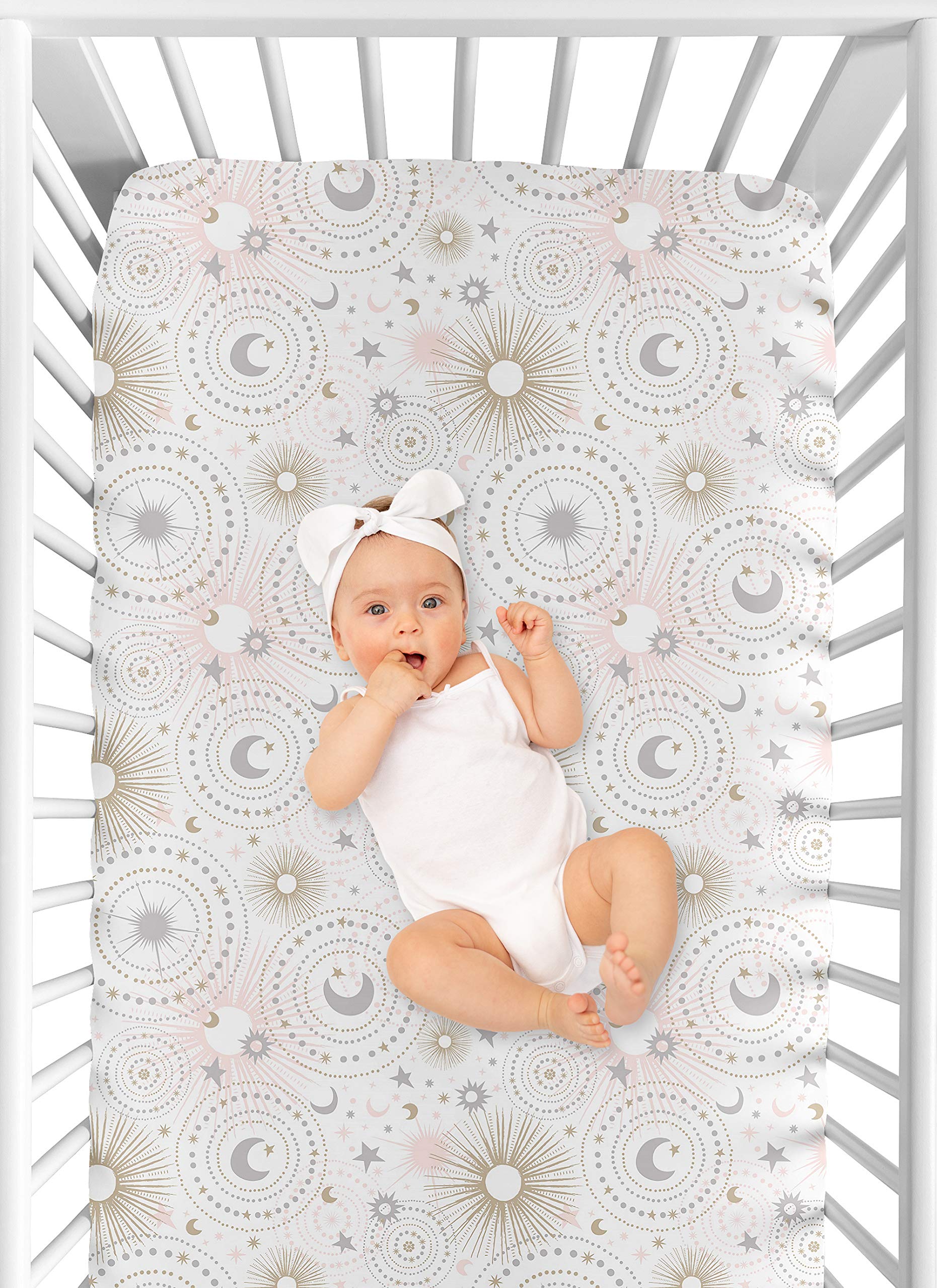 Sweet Jojo Designs Star and Moon Girl Jersey Stretch Knit Baby Fitted Crib Sheet for Soft Toddler Bed Nursery - Blush Pink, Gold, and Grey Celestial