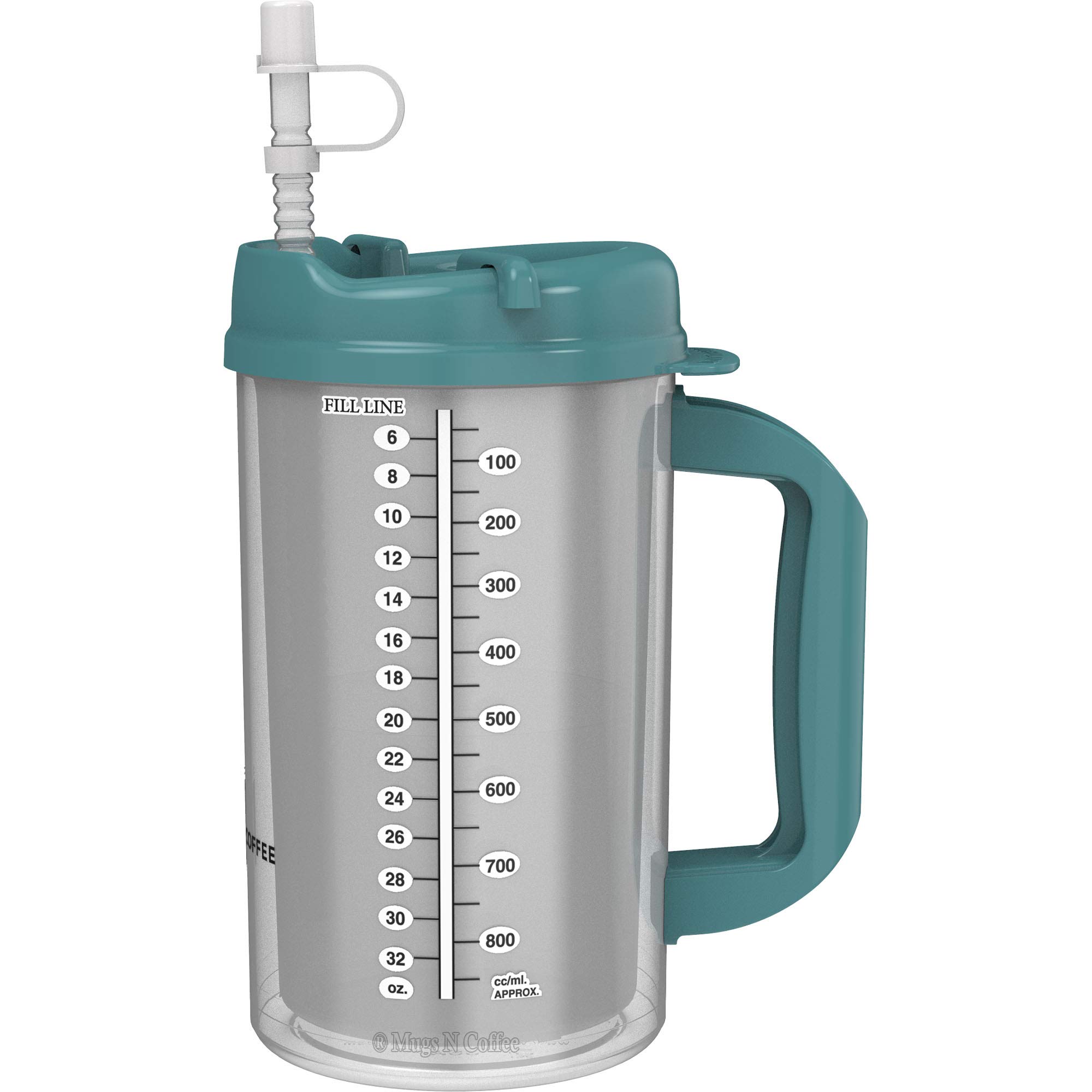 32 oz Double Walled Hospital Mug with Straw - Teal Lid and Handle - Mugs N Coffee