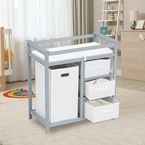 Baby Diaper Changing Station Nursery Table - Infant Diaper Table w/ 3 Storage Cloth Drawers & 1 Laundry Basket and Safety Belts (Gray)