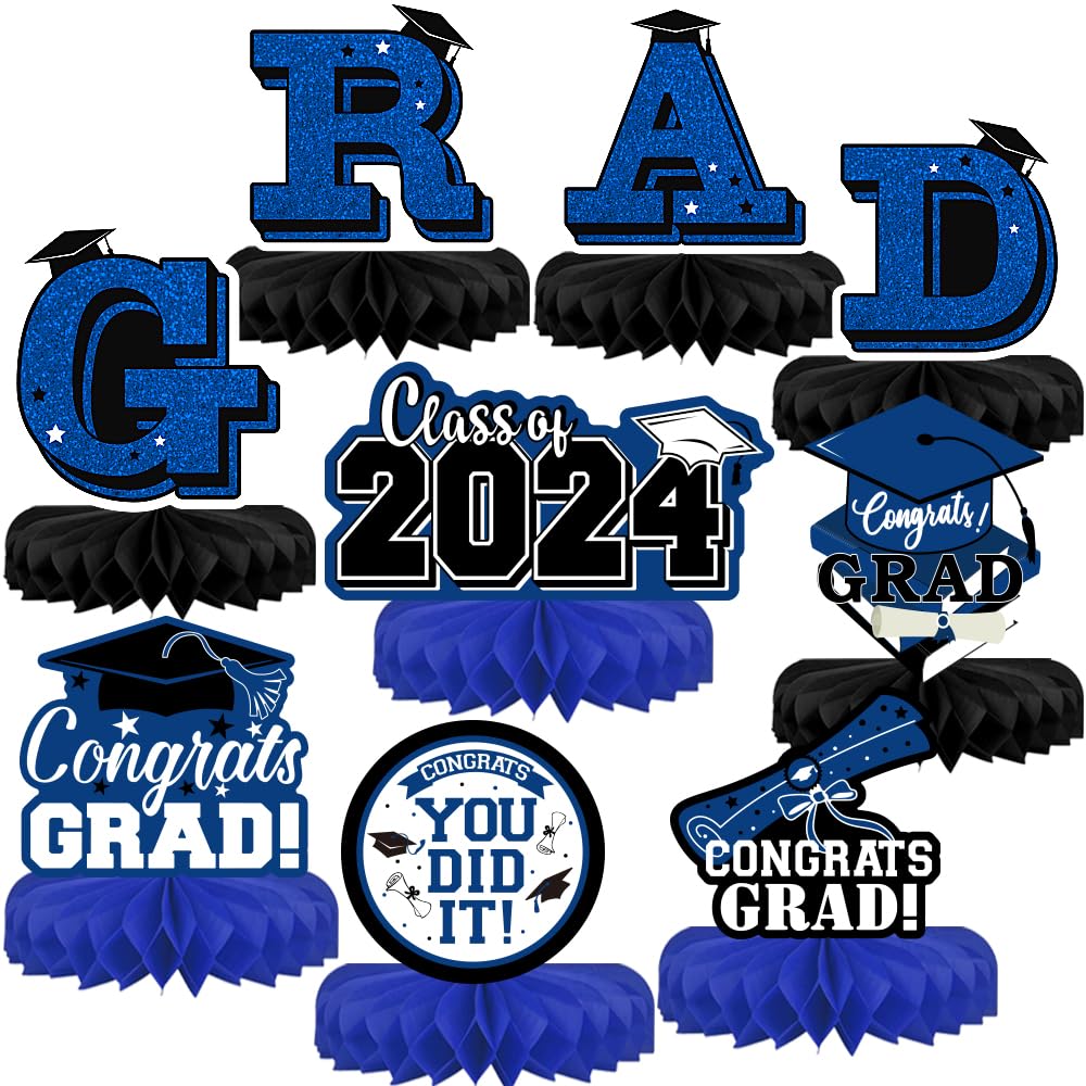 AKEROCK Graduation Decorations Class of 2024, 9Pcs Honeycomb Table Graduation Centerpieces for Graduation Party Decorations, Table Toppers Graduation Decor - Graduation Party Supplies(Blue, Black)