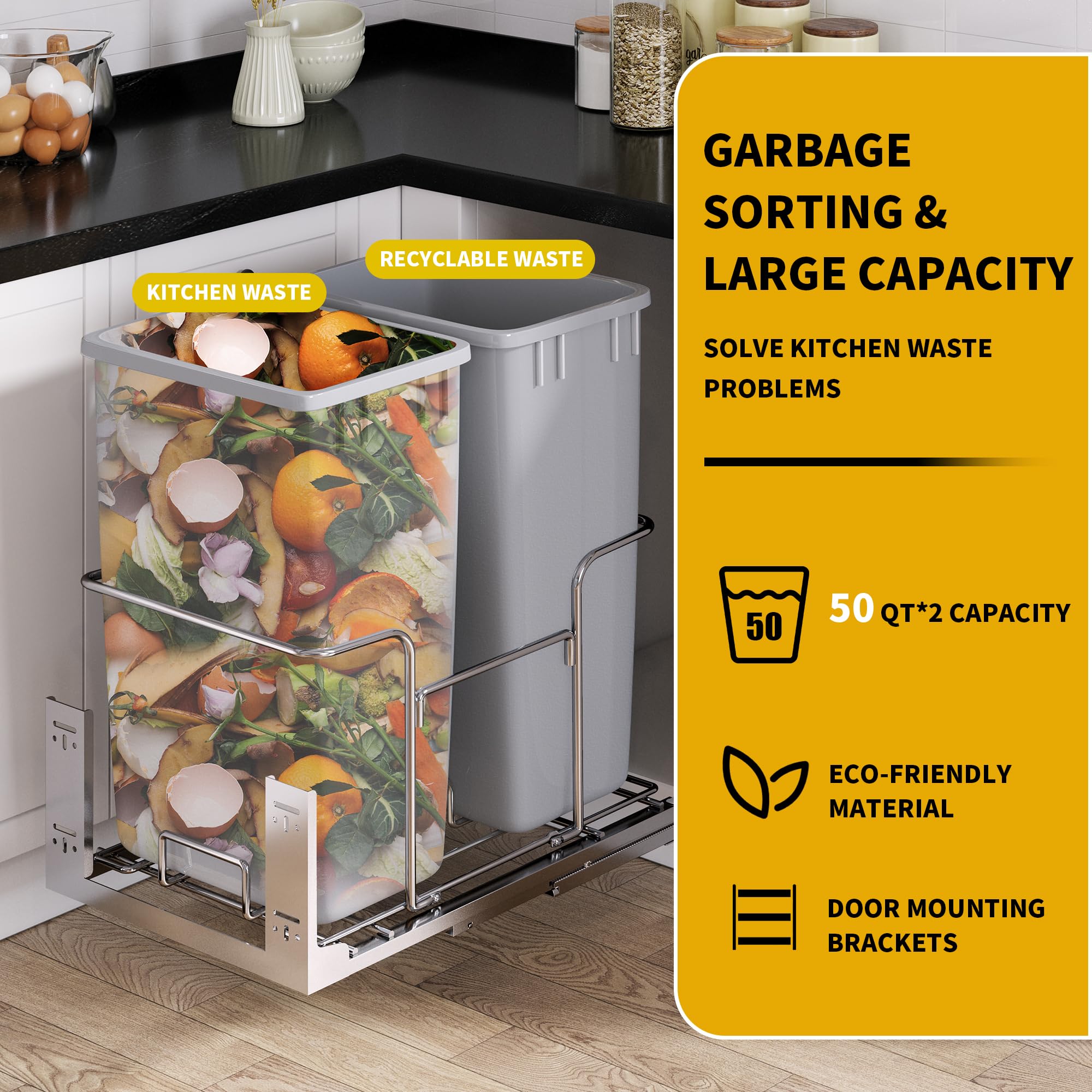 50-Quart Pull-Out Trash Can with Lid Double Bins, Sliding Under Mount Kitchen Pullout Waste Container Trash Can, Gray