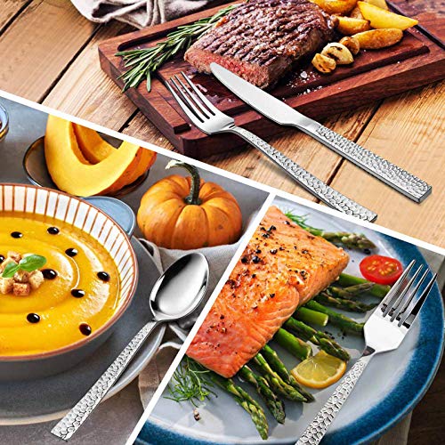 Hammered Silverware Set, E-far 40-Piece Stainless Steel Square Flatware Set for 8, Metal Tableware Cutlery Set Includes Dinner Knives/Forks/Spoons, Modern Design & Mirror Polished - Dishwasher Safe