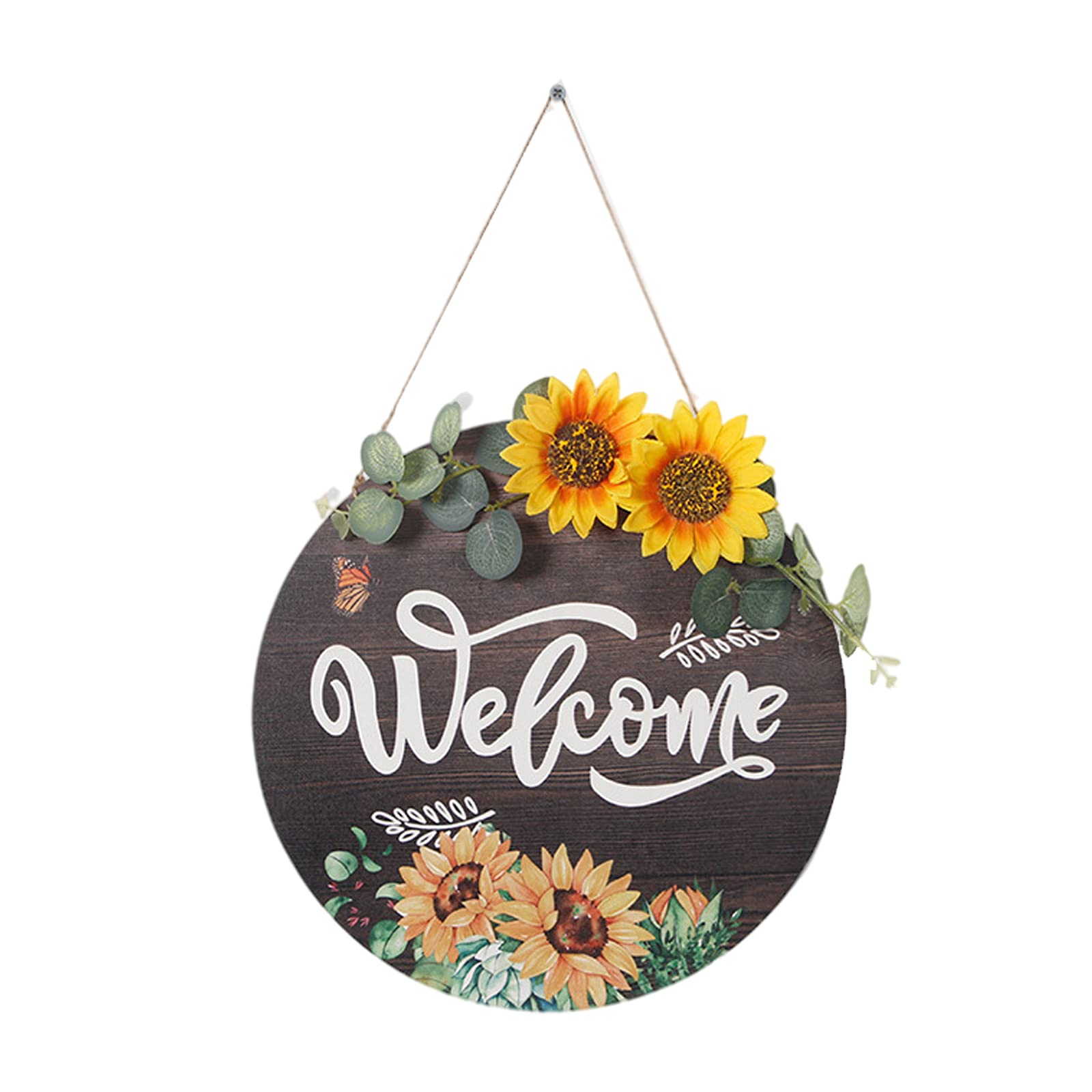 DZH Enjoy Sunflower Welcome Sign Front Door Wreaths Rustic Round Wood Farmhouse Wreath for Home Decor Bedroom Yard Garden Indoor Outdoor Wall Décor