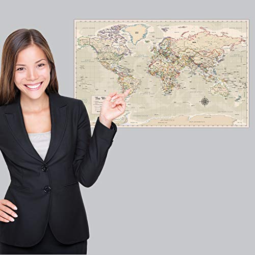 Antique Style Laminated World Map - 18" x 29" - Wall Chart Map of the World - Made in the USA - Updated (LAMINATED, 18" x 29")