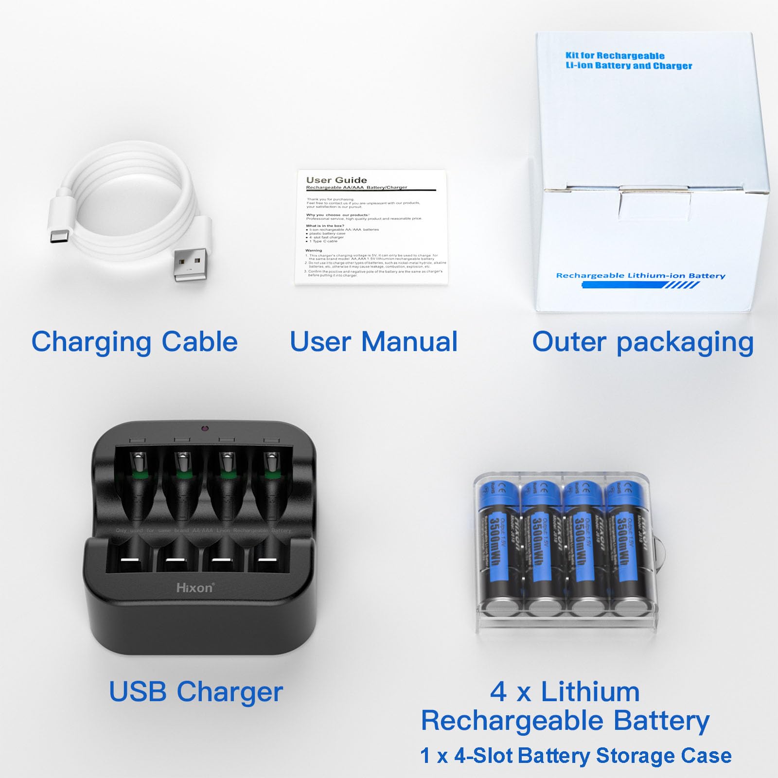 Hixon Rechargeable AA Batteries with Charger, 3500mWh AA Rechargeable Batteries,1.5V Constant Output,1600 Cycles Rechargeable Lithium AA Batteries,Max 3A Current,for Home&Office Use[4xAA+1xCharger]