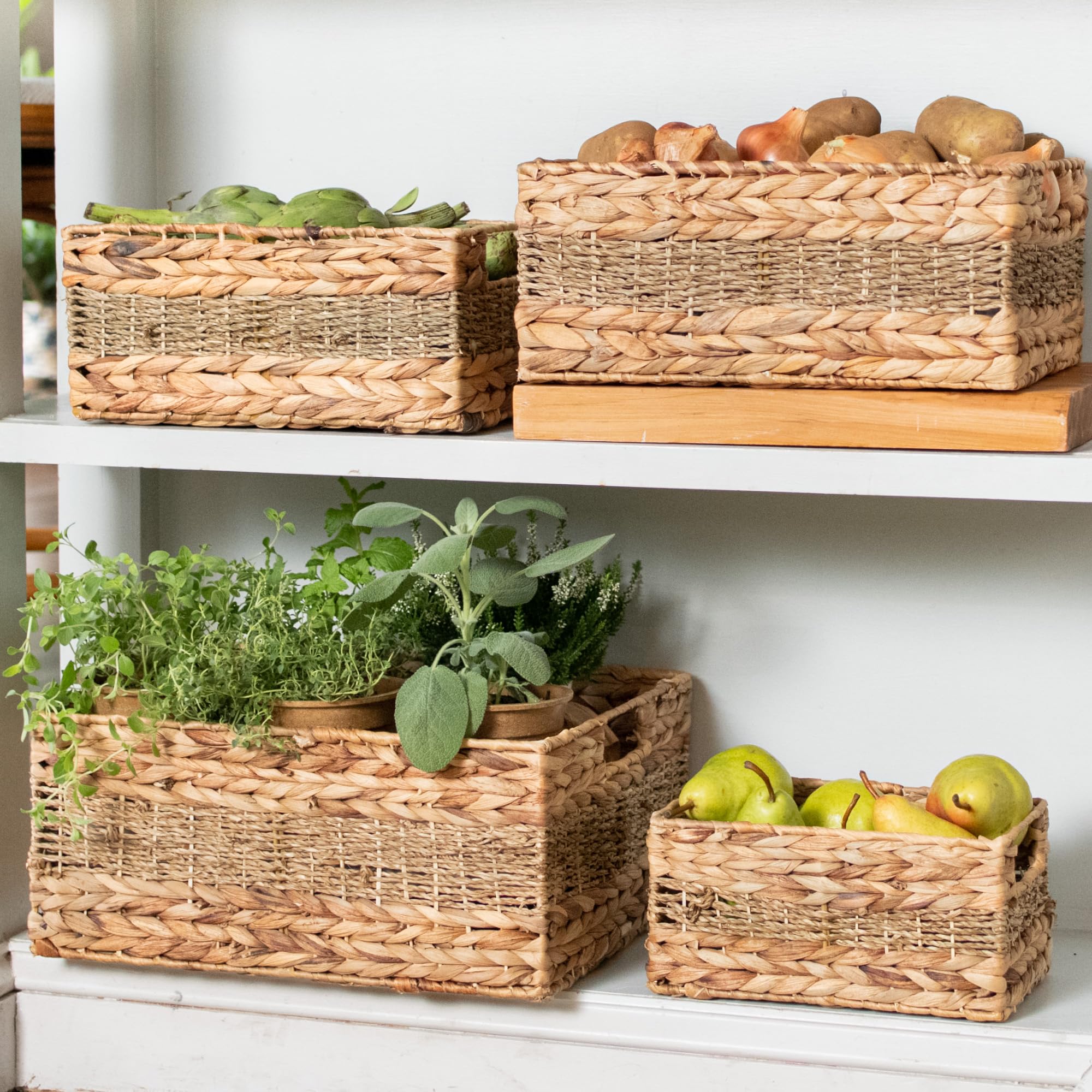 Artera Large Wicker Storage Basket - Set of 4 Woven Water Hyacinth Baskets with Handle, Large Rectangular Natural Nesting Storage Bins for Bedroom, Bathroom, Laundry Room or Kitchen (Style 1)