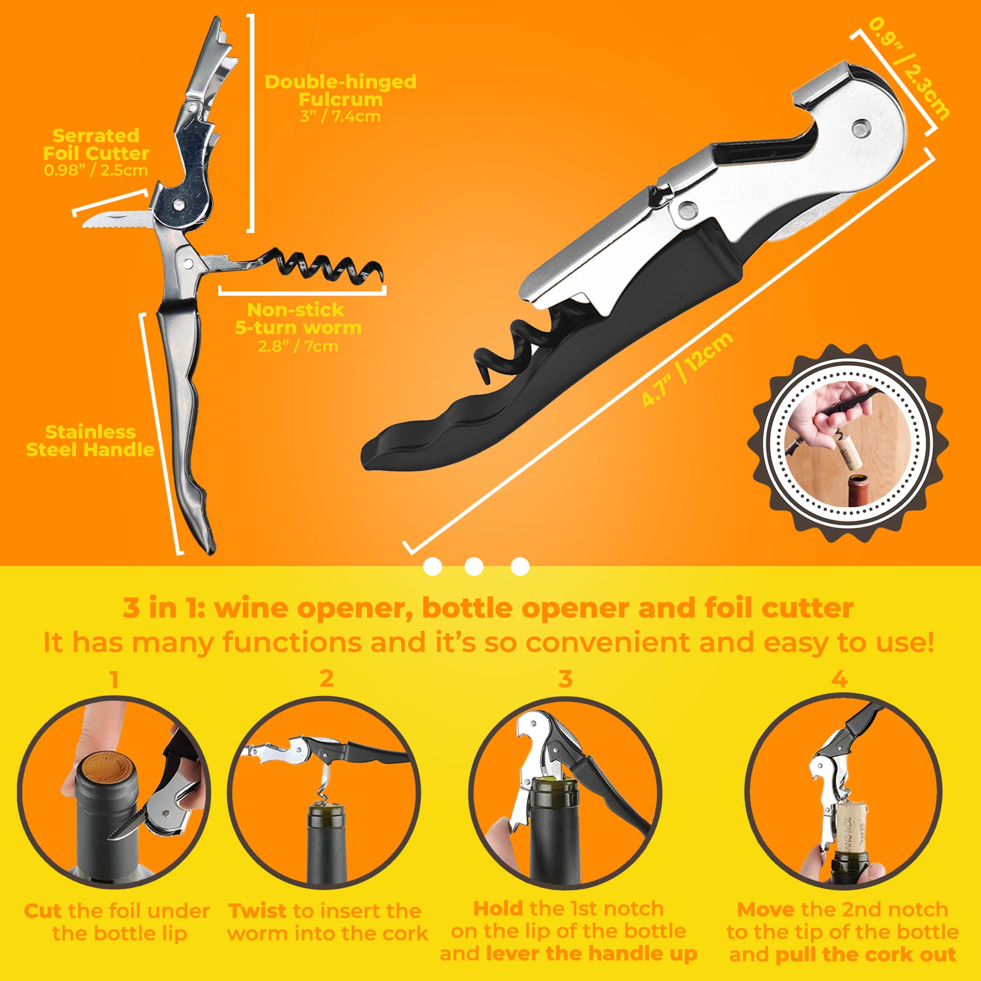 3 PCS Under Cabinet Jar Opener, 4 in 1 Multi Function Can Opener Set Bottle Opener Kit with Silicone Handle and Waiter Corkscrew Wine Opener, Jar Opener For Women Seniors With Arthritis Weak Hands