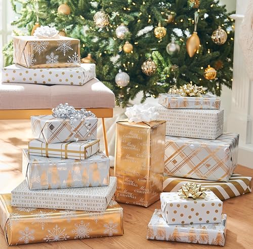 American Greetings 80 sq. ft. Gold Wrapping Paper Bundle (Snowflakes) for Christmas, New Years, and All Holidays (4 Rolls 30 in. x 8 ft.)