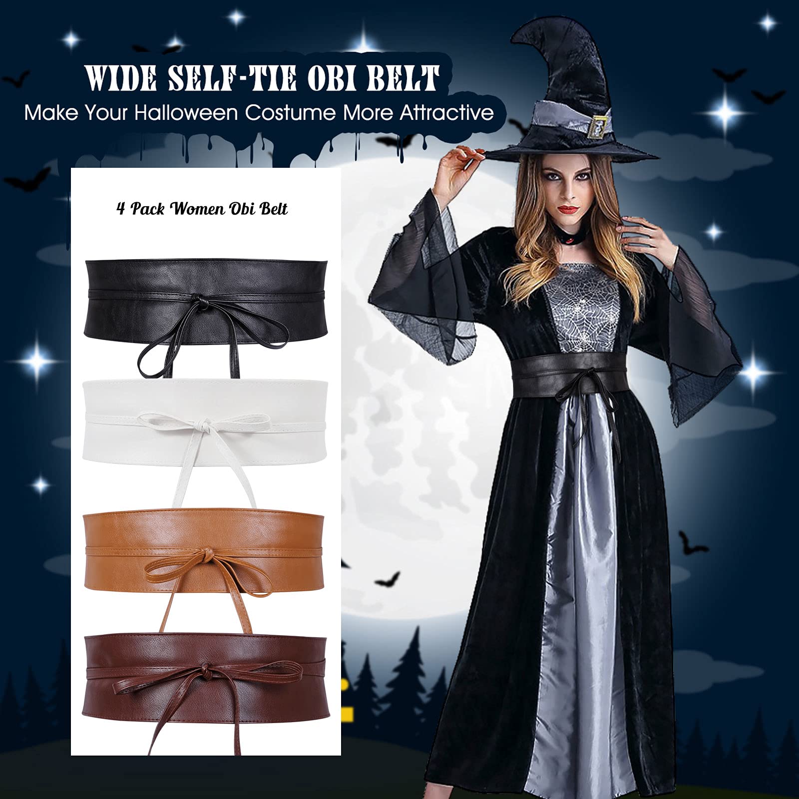 4 Pack WERFORU Women Obi Belt PU Leather Self Tie Wrap Wide Waistband Boho Belt for Costumes, Black+White+Brown+Coffee, Suit for Waist Size 33"-38"