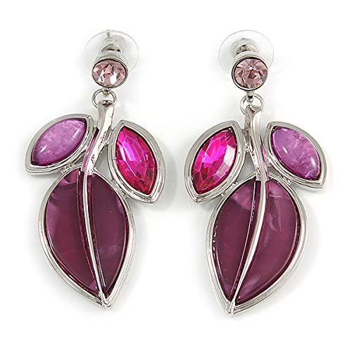 Avalaya Statement Purple/Magenta Glass, Crystal Leaf Necklace and Drop Earrings In Rhodium Plating - 40cm L/ 8cm Ext