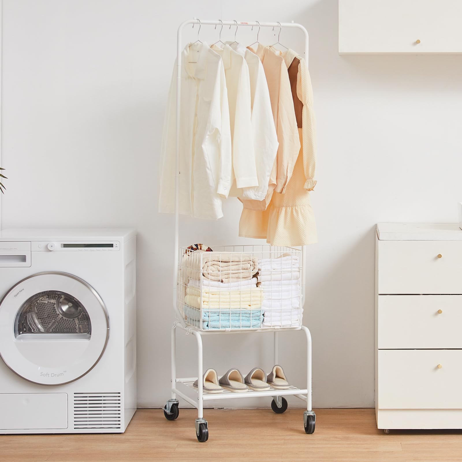 VEVOR Metal Rolling Laundry Basket with Hanging Garment Rack, Laundry Hamper Cart Adjustable Height with Basket Load and Shelf Load, Storage Organizer with Heavy Duty Lockable Wheels, White